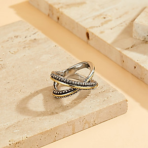 Mytys Gold and Silver Statement Rings for Women Wire Intertwined Design 14K Gold Plated Silver Band Ring Wide Index Finger Rings Costume Jewelry (cross gold & silver, 7)