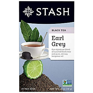 Stash Tea Earl Grey Black Tea, 20 Count Tea Bags Individually Wrapped in Foil, Black Tea with Citrus-y Bergamot, Premium Black Tea, Full Caffeine, Drink Hot or Iced