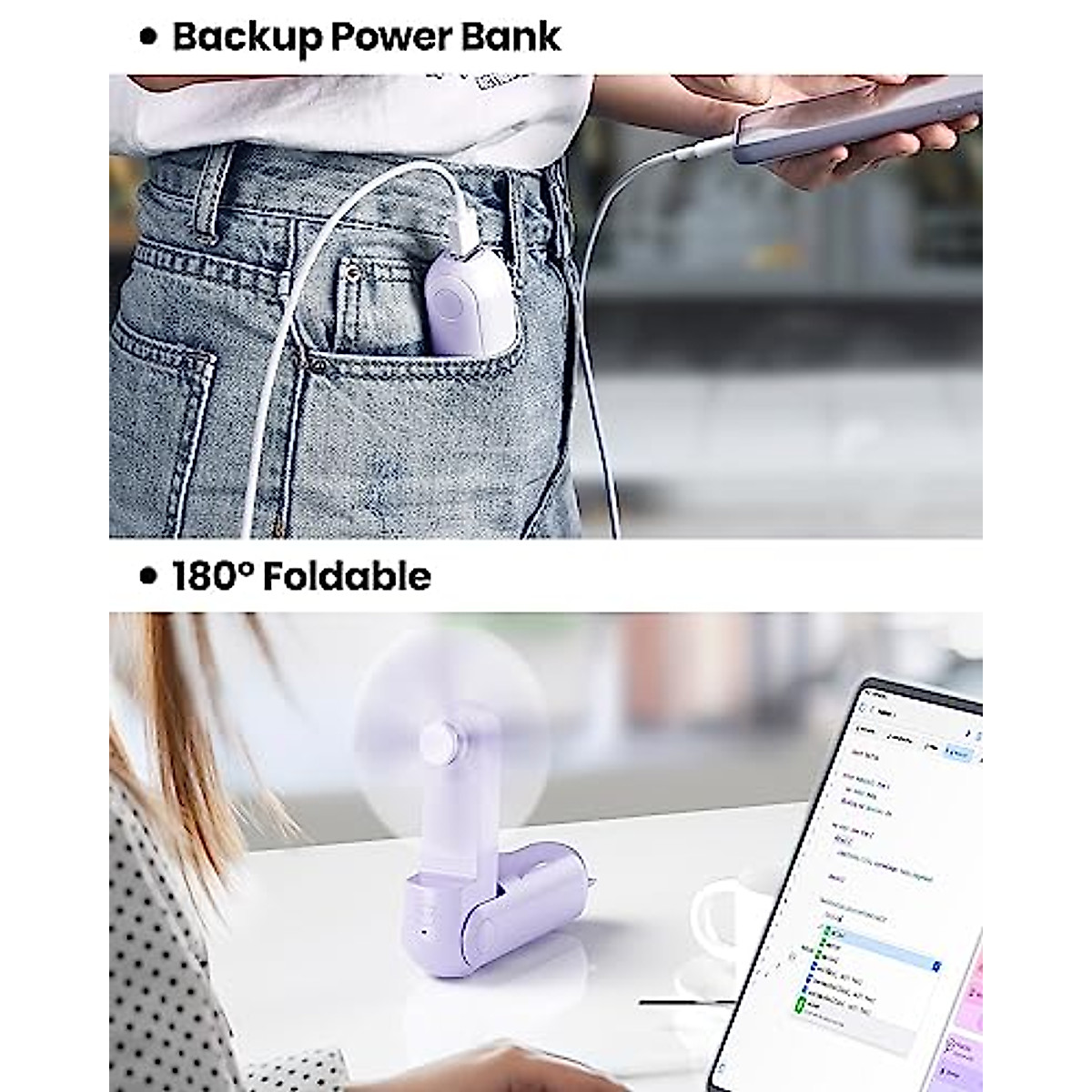 Gaiatop Portable Handheld Fan, Foldable Small Fan, Mini Hand Held Fan with USB Rechargeable 2000mAh Battery, Eyelash Fan for Girls, Travel For Women, Outdoor (Purple)