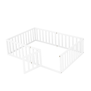 Bellemave Full Size Floor Bed for Kids, Montessori Bed Frame with Fence-Shaped Guardrails and Door, Wooden Floor Full Bed for Kids, Toddler, Boys Girls (White, Full Size)