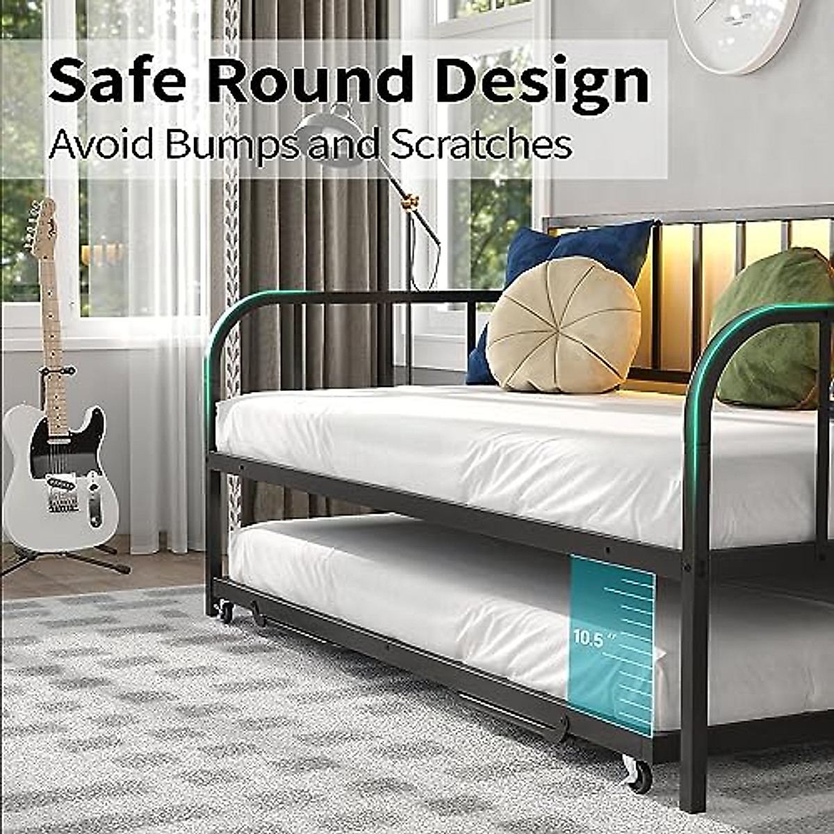 CollaredEagle Daybed with Trundle, Adjustable Sofa Bed Frame with Charging Station, Metal Twin Daybed with LED Lights for Living Room, Bedroom and Guest Room, Black