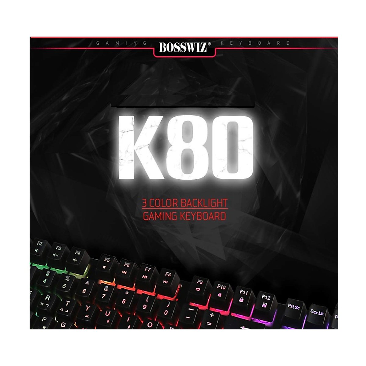 Bosswiz Gaming Keyboard, K80 3 Color Backlight LED, Mechanical, USB, 104 Keys, Korean/English (QWERTY), Ambidextrous, Modern Style, Office Use