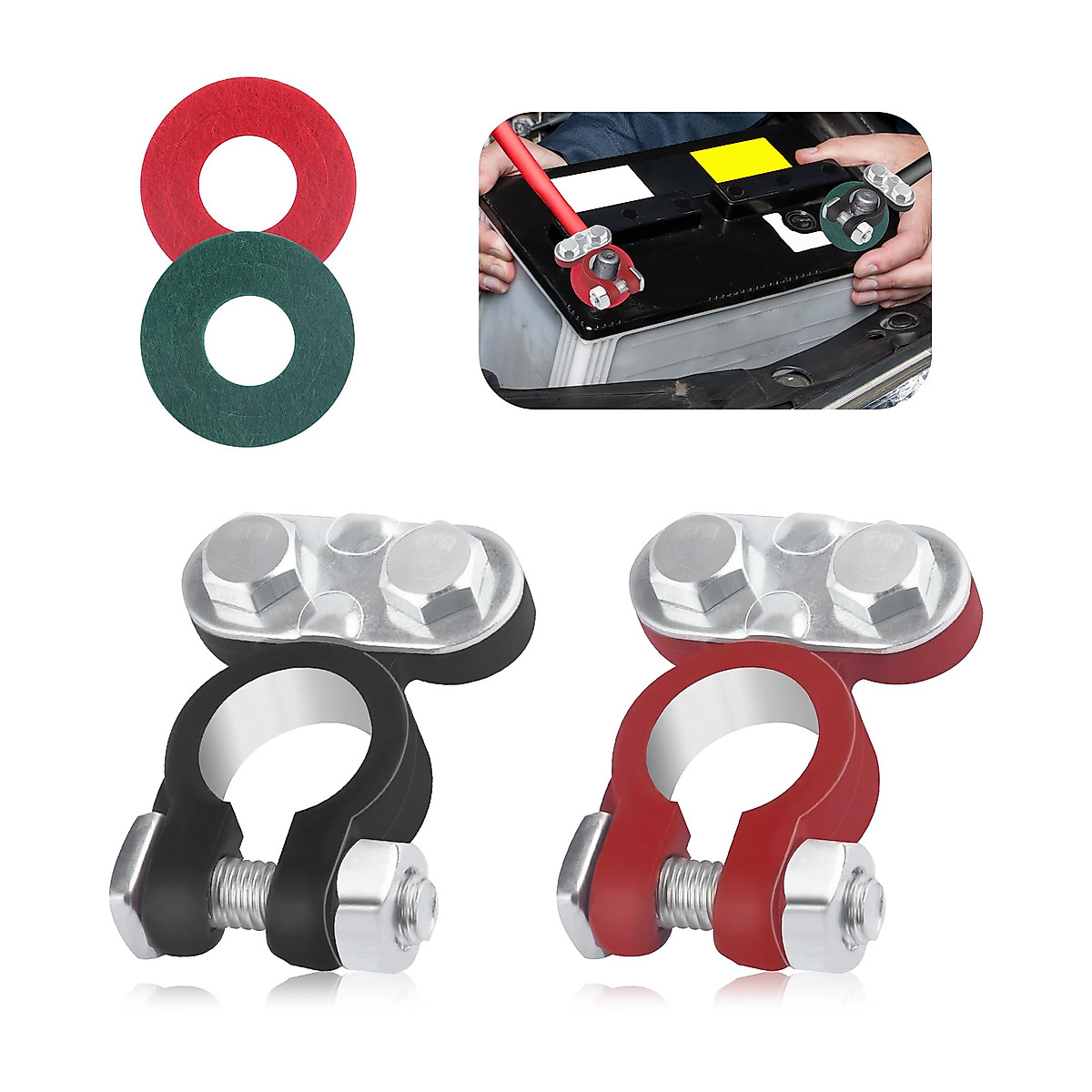 2PCS Adjustable Car Battery Terminal Connectors,Galvanized Negative/Positive Battery Terminal with Insulating Pad,Universal Automotive Replacement Battery Terminals & Ends