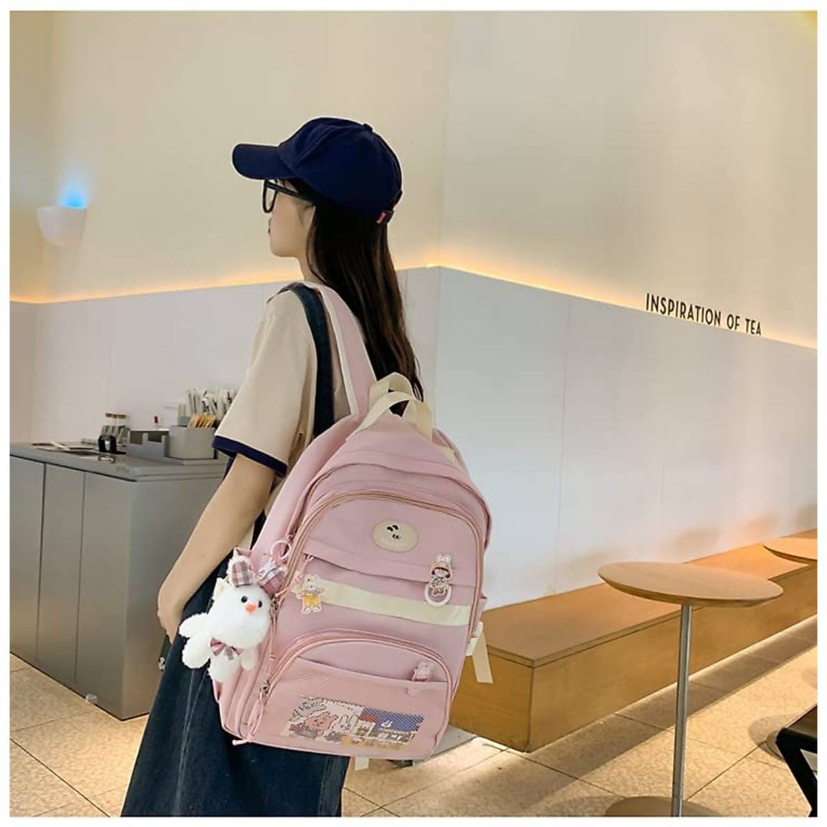 Kawaii Backpack with Cute Pins Bunny Plush Pendant, Aesthetic School Bags Bookbag, Lovely Japanese Ita Bag Daypack (Pink)