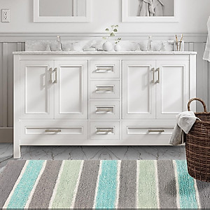 Chardin home Cordural Stripe Bath Rug Runner with Skid Resistant Latex Spray Underneath. Mint Green/Grey, 24" W x 60'' L