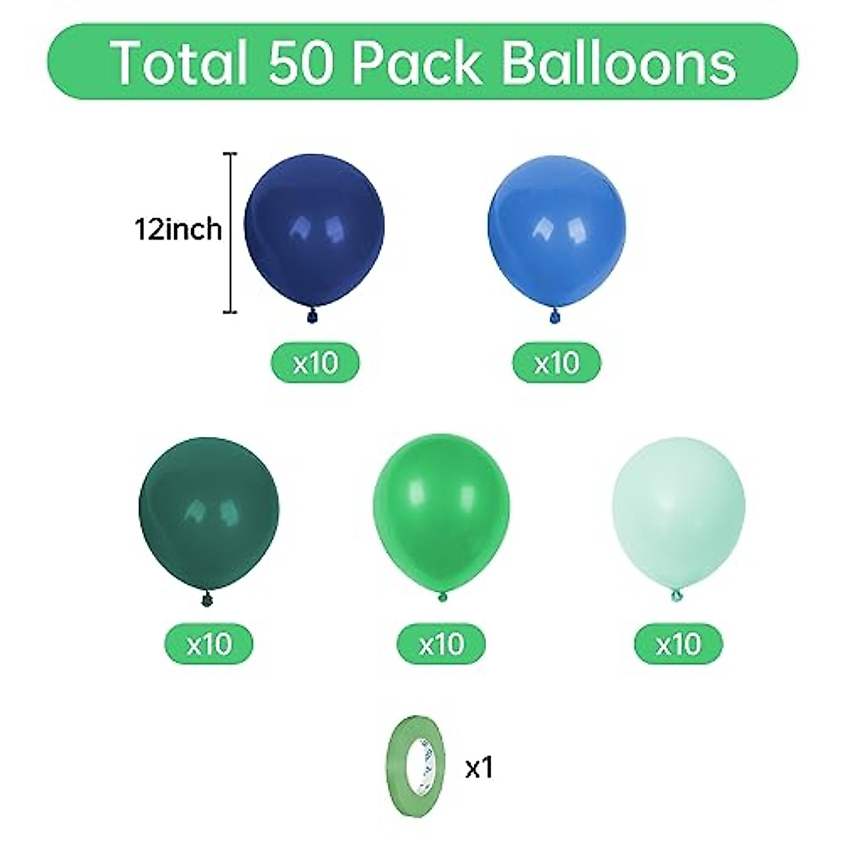 Blue and Green Balloons 50Pcs 12 Inch Navy Blue Latex Balloon for Birthday Golf Party Boy Baby Shower Football Video Game Jungle Safari Dinosaur Party Decorations with Dark Light Green Balloon