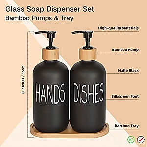 Glass Soap Dispenser Set. Hand Soap and Dish Soap Dispenser with Bamboo Tray. Vintage Soap Dispenser with Pump for Kitchen Sink and Bathroom. Stylish Permanent Label (Matte Black)