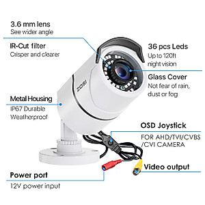 ZOSI 1080p Security Camera Outdoor Indoor (Hybrid 4-in-1 HD-CVI/TVI/AHD/960H Analog CVBS),36PCS LEDs,120ft IR Night Vision,105° View Angle Surveillance CCTV Bullet Camera with Extension Cable