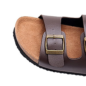 WTW Slip on Flat Cork Sandals for Men with Adjustable Strap Buckle Open Toe Slippers Suede Sole (US 7, Brown)
