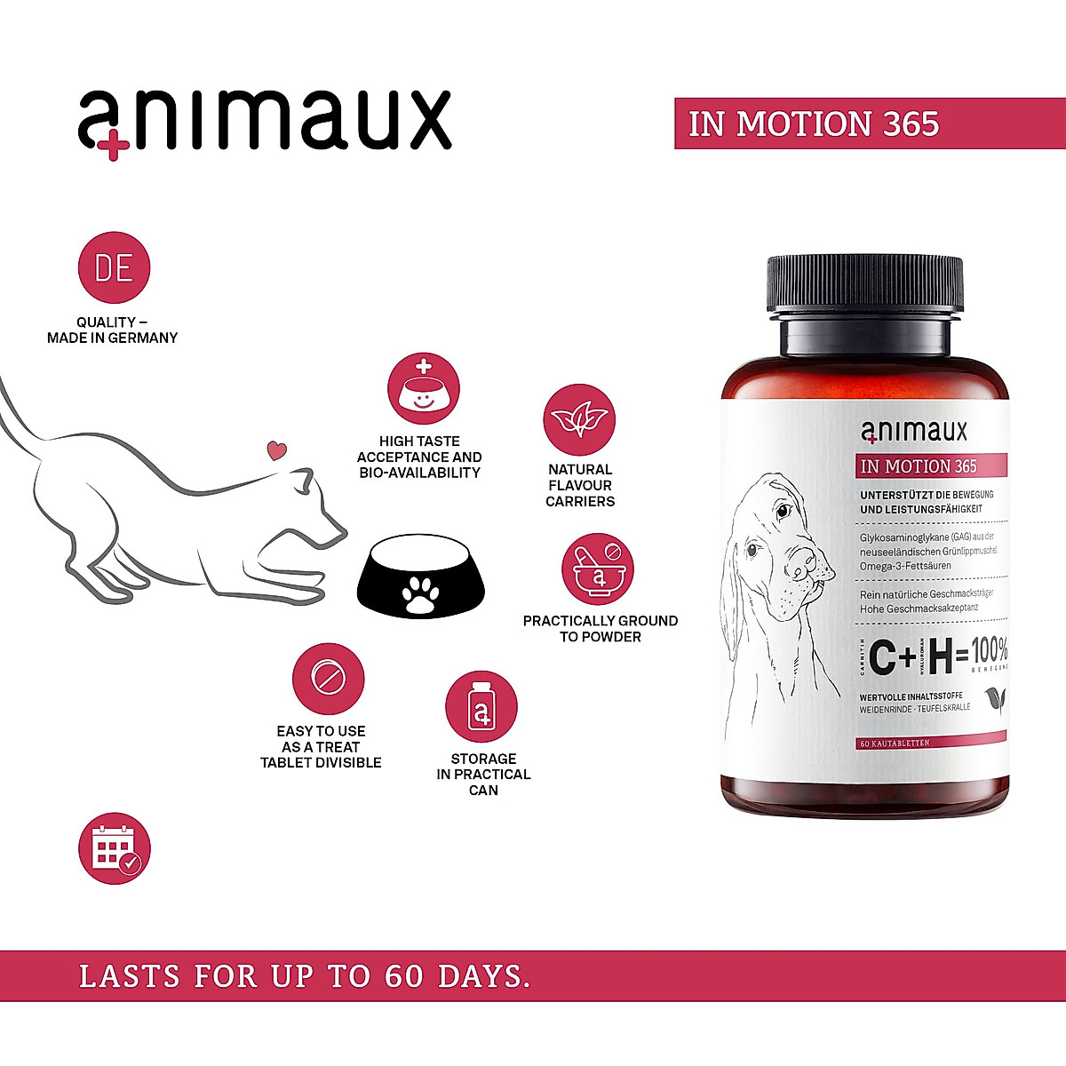 animaux – in Motion 365 for Dogs, Joints, Bones, Mobility, Ligaments and Tendons, Green-Lipped Mussel, Willow Bark and Devil’s Claw, Natural Pain Relief, 60 Chewable Tablets, 60 Days Supply