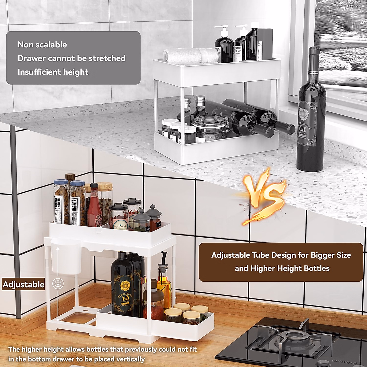 GAOLINE 2 Pack 2 Tier Under Sink Organizers and Storage,Under Bathroom Cabinet Organizer with Hooks Hanging Cup, Double Sliding Drawers Cabinet Basket Organizer for Bathroom, Up to 14.5 inches, White