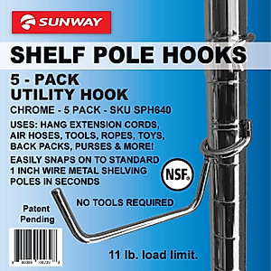 Pole Hooks 5-Pack | Utility Hanger Chrome | Best Solution for Garage Shelving Storage Organization | Use with Metal or Wire Shelves and Racks | Heavy Duty, Easy Installation