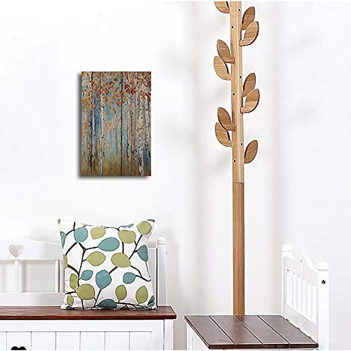 Canvas Wall Art Yellow Tree Forest Landscape Picture Prints, Rustic Modern Birch Trees Nature Woods Abstract Painting Artwork 12"x16" Wood Gallery and Framed for Home Office Living Room Bedroom Decor