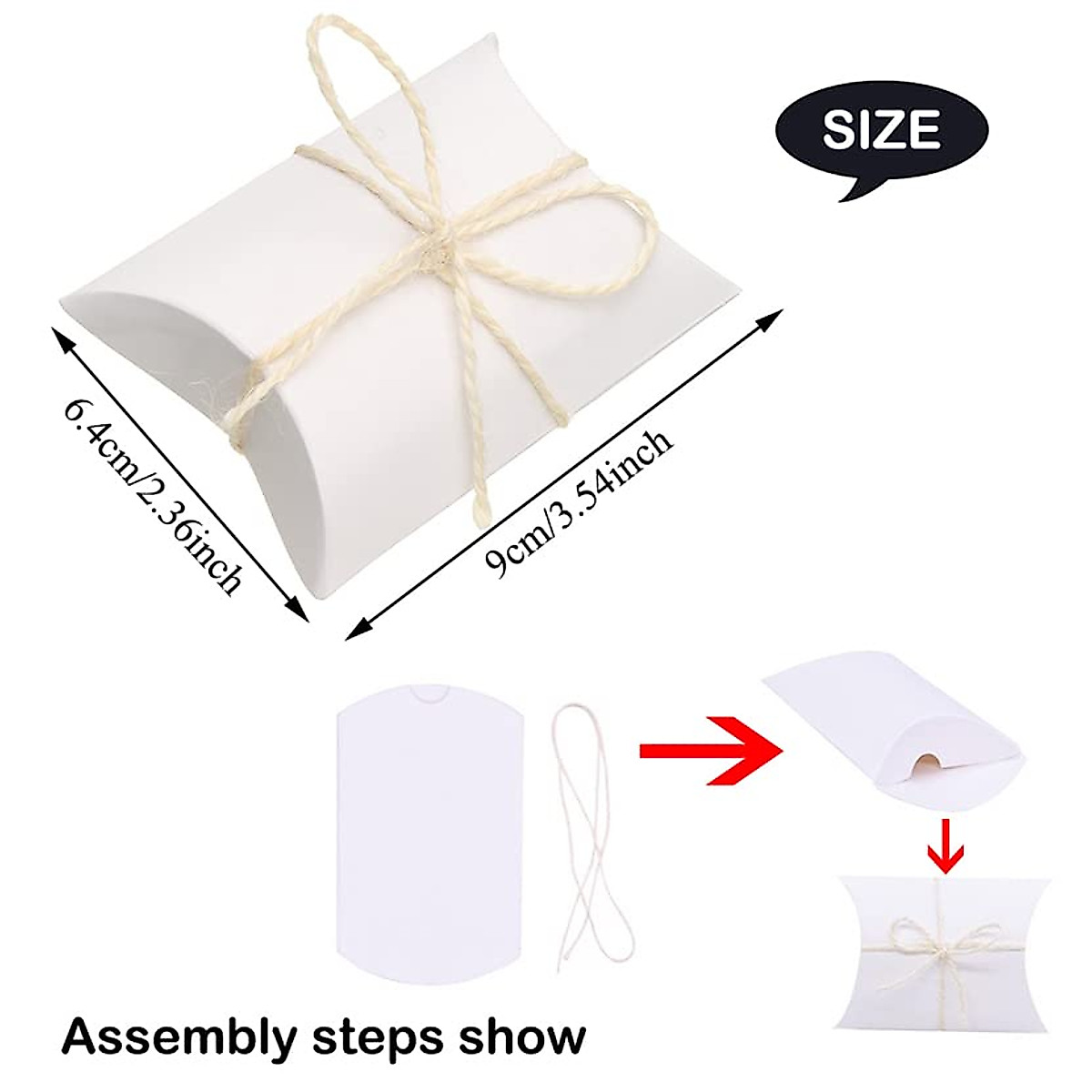 AKOAK Kraft Paper Pillow Box, Candy Favor Gift Boxes for Wedding Birthday and Christmas,Pack of 50 with 50 Pcs Jute Twines (White)