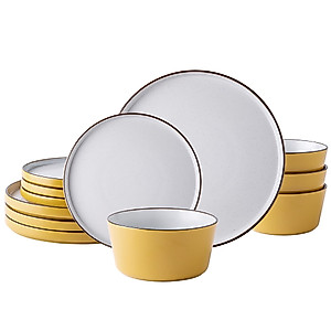 AmorArc Dinnerware Sets of 4, Modern Stoneware Plates and Bowls Sets,Chip and Crack Resistant | Dishwasher & Microwave Safe Ceramic Dishes Set,Service for 4 (12pc)-Speckled & Matte Yellow