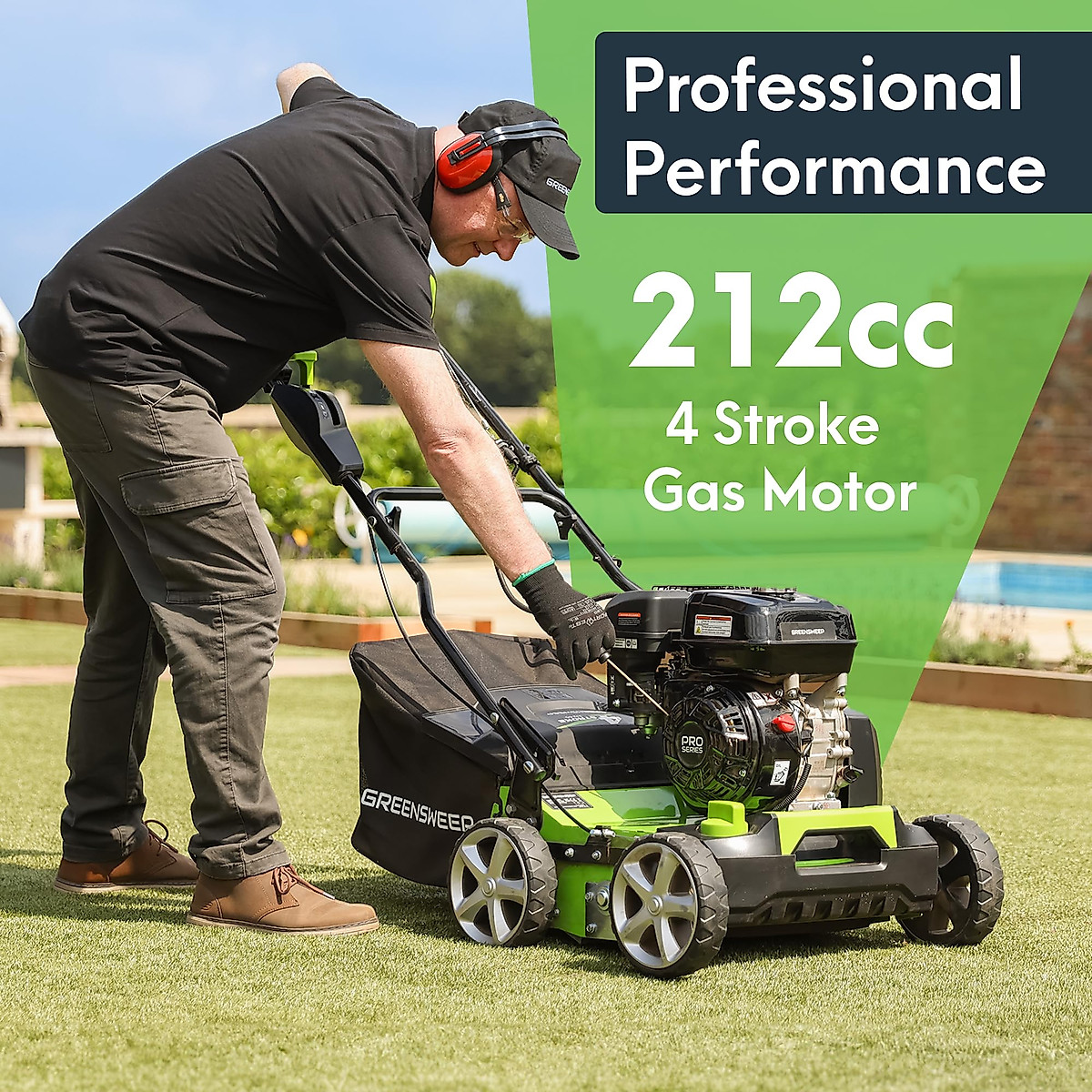 GreenSweep Pro Series - Gas Powered Artificial Grass Electric Sweeper Rake Vacuum 45L Collection Bag,5 Adjustable Heights, Foldable Handle & Extra Brush