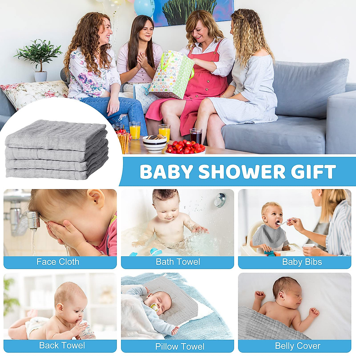 20 Packs Muslin Baby Burp Cloths Set Large 20 x 10 Inch Cotton 6 Layers Burp Cloths for Baby Girl Newborn Washcloths Infant Burp Wipes Soft and Absorbent Napkins for Boys and Girls (Gray)