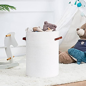 CHICVITA Tall Laundry Basket with Lid, White Clothes Laundry Hamper for Nursery, Cotton Rope Storage Basket for Clothes, Blankets, Toys, Laundry Bin, 15 x 20 inches