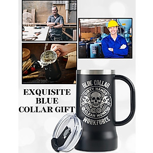 Onebttl Blue Collar Gifts for Men, Boyfriend, Stainless Steel Beer Stein Tumbler, 24oz Beer Mug with Lid for Mechanic, Welder, Construction Worker
