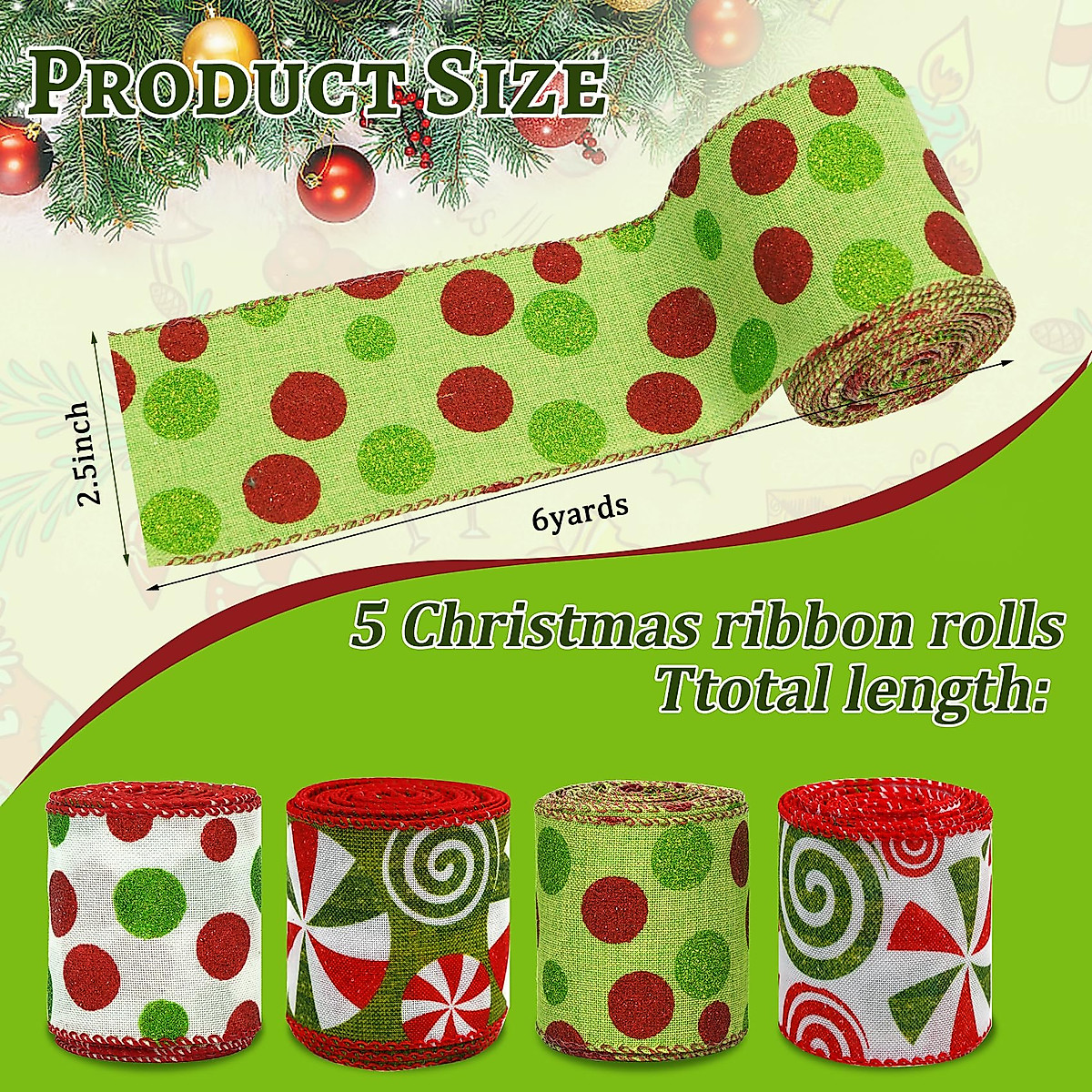 Christmas Ribbon Wired 24 Yard 2.5 Inch Wide Christmas Tree Ribbon Candy Dot Ribbon for Wrapping, Christmas Tree, Wreath, Garland, Home Decor