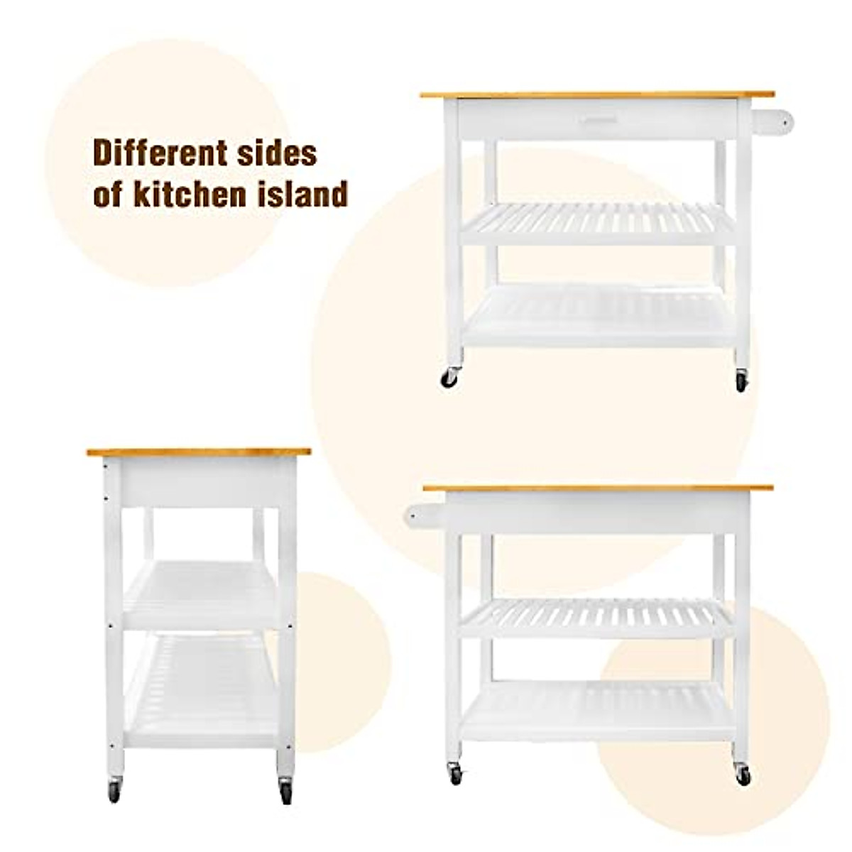 Unovivy Kitchen Island on Wheels, 3 Tier Kitchen Cart with Storage Drawer, 2 Shelves & Towel Rack, Rolling Kitchen Island with Wood Tabletop, Simple Design Mobile Island Table for Kitchen, White