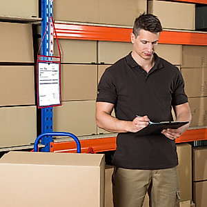 50 Pack Job Ticket Holders Work Order Holder Pockets for 9 x 12 Inch Hanging Sleeve Plastic Shop Ticket Holders with Strap, Both Sides Clear(Red)