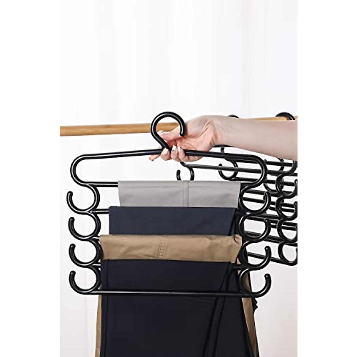 GERACEL SPACE SAVING SAVER HANGER TROUSER PANT HANGER JEANS SCARF LEGGINGS HOLDER 5 LAYER BAR MULTILAYERS ORGANIZATIONAL NONSLIP RACK HANGERS WARDROBE STORAGE CLOTHING ORGANIZER TIE HANGER (BLACK, 12)