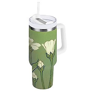 RPLIFE White Flowers Green 40 Oz Tumbler, Stainless Steel Cups with Lid, Tumblers for Women