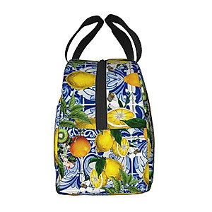 Larklitz Mediterranean Lemon On Blue Ceramic Tiles Reusable Insulated Lunch Bag for Women and Men, 8.5"x8"x5"/22x20x13 cm, Polyester