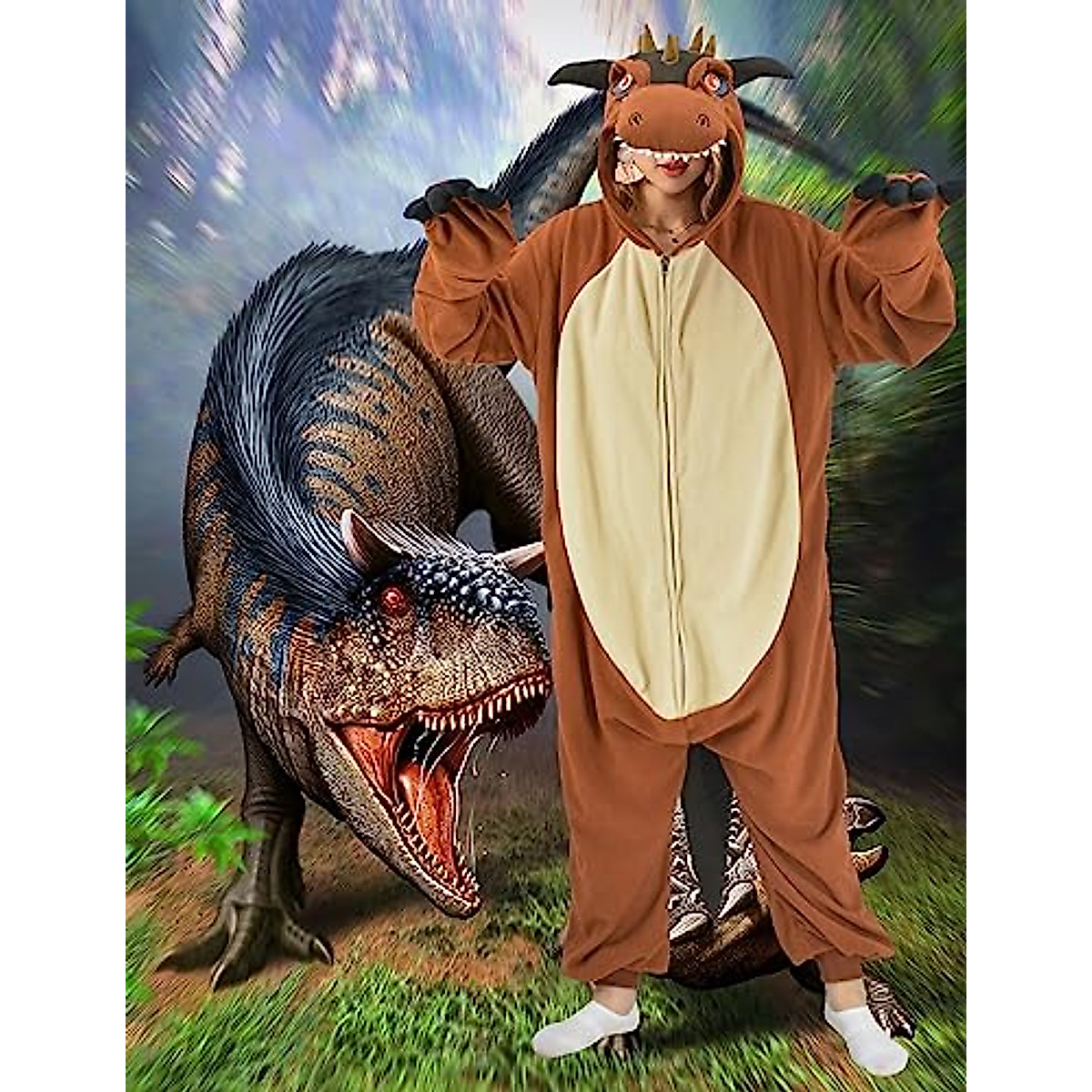 Adult Carnotaurus Onesie Pajamas Dinosaur Animal Cosplay Costume One Piece Jumpsuit Sleepwear for Women Men