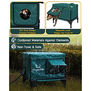 Clawsable Premium Heated Cat House for Outside Winter, 100% Weatherproof, Safe Escape Door, Insulated Outdoor Cat House Shelter with Heater for Feral Barn Cat Kitty (Dark Forest Green, Small)