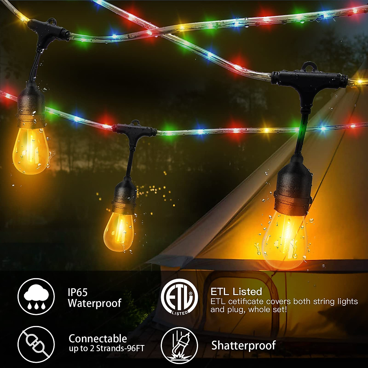 CLASShine 48ft RGB & White Outdoor String Lights Dimmable with Remote, Patio Lights Waterproof, Timer, 15 Hanging Sockets, 15+3 Edison LED Shatterproof Bulbs, Deck Porch Fence Decoration