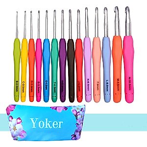 YOKER 14 Sizes Crochet Hooks Set,2mm(B)-10mm(N) Ergonomic Crochet Needles with Case Soft Grip Handles Yarn for Arthritic Hands, Extra Long Crochet Needles Kit (14 Sizes Crochet Hooks Set)