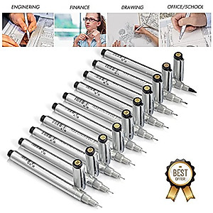 Set of 10 Black Micro-Pen Fineliner Ink Pens, Anti-Bleed & Waterproof Archival ink,Brush & Calligraphy Tip Nibs - Artist Illustration, Office Documents, Scrapbooking, Technical Drawing