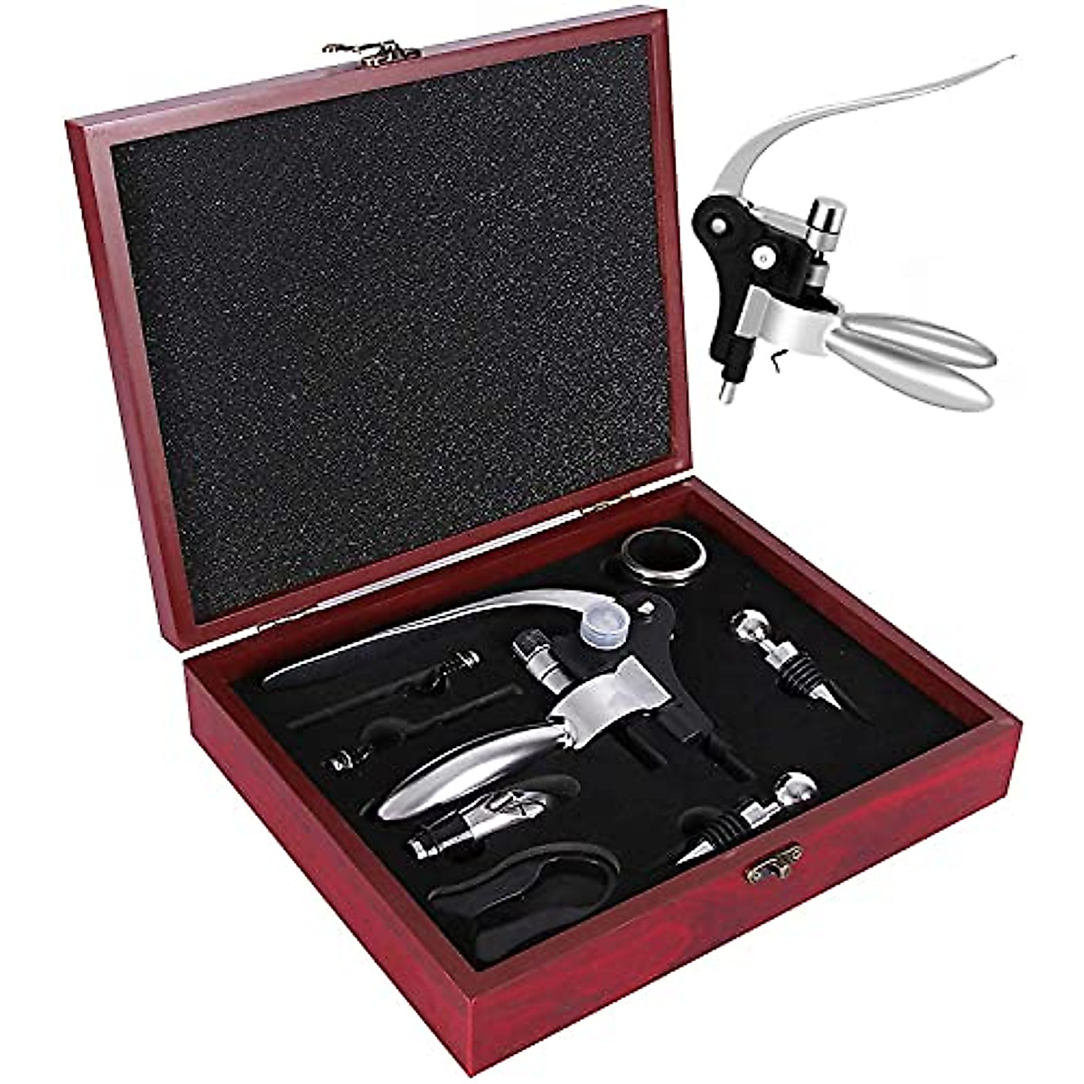 Wine Opener Set, 8 Pieces Manual Red Wine Bottle Opener with Classic Wood Case, Corkscrew for Wine Bottles, Stainless Steel Wine Opener Kit for Valentines Day Wine Gift Set