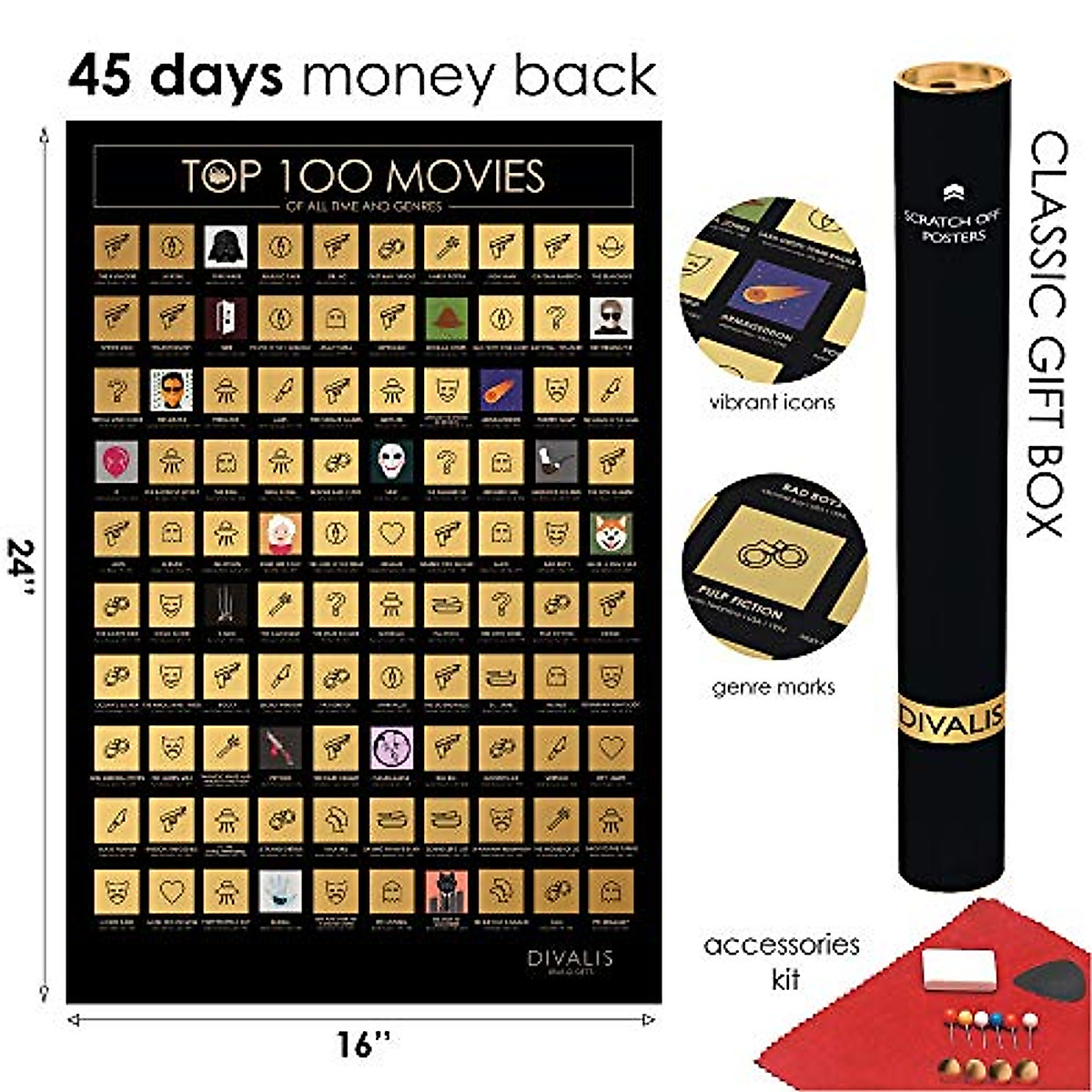 Top 100 Movies Scratch Off Poster - Films of all Time Bucket List - 24x16" Easy to Frame Scratchable Cinema Checklist Poster - Must See Movie Challenge - 100 Essential Movies Scratch off Calendar with Scratcher Included - Greatest Movies for Family to Wat