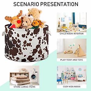 Kigai Cow Print Round Storage Basket with Cotton Rope,Large Collapsible Laundry Basket Blanket Toy Clothes Storage Bin for Bedroom Bathroom Nursery
