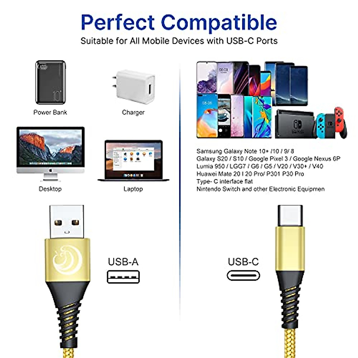 USB C Cable 3A Fast Charging 6FT 3Pack Nylon Type C Phone Charger Cord for Samsung Galaxy S22 S21 S20 S10 A02s A10e A11 A12 A20 A21 A32 A42 A52 Z Fold 4, Tablet, LG K92 K51, Moto, PS5