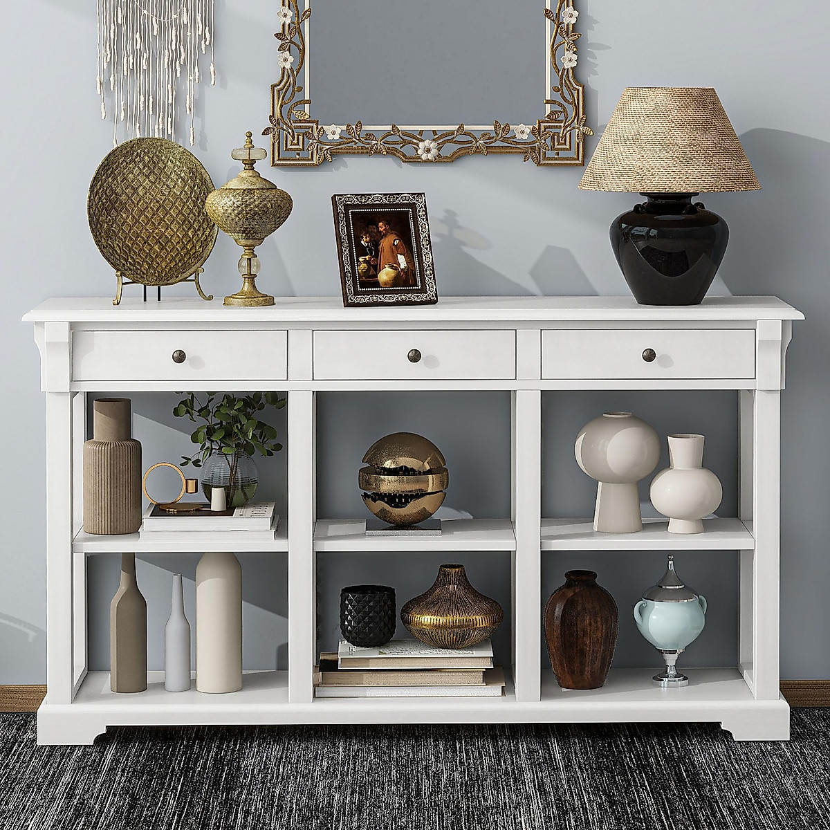 Merax Console Table/Sideboard with Ample Storage, Open Shelves and Drawers for Living Room, Antique White