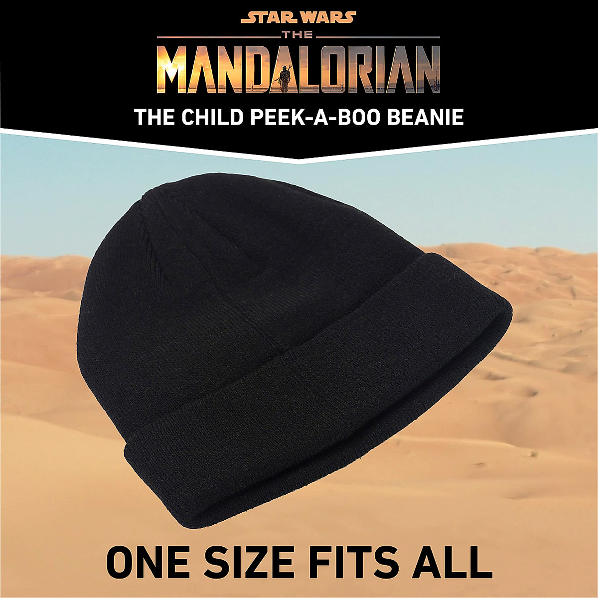Star Wars The Mandalorian Grogu Peek-A-Boo Knitted Cuffed Beanie, Black, One Size