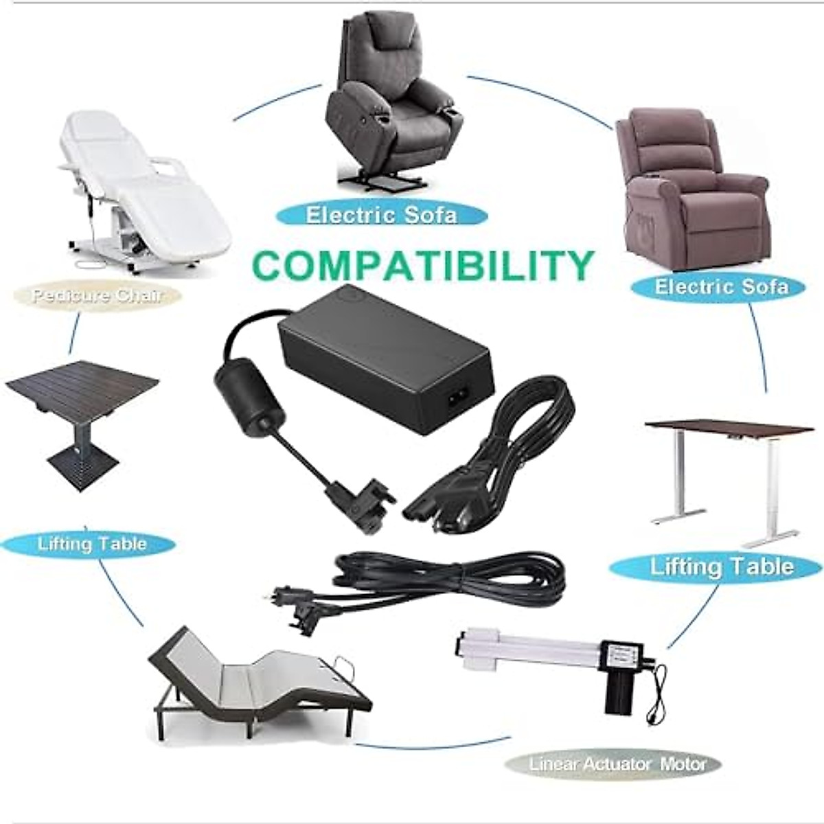 Power Recliner Power Supply, 2-Pin 29V 2A Adapter AC/DC Switching Power Supply Universal Adapter with Extension Cord, Compatible with Car Lift Chairs or Electric Massage Recliners