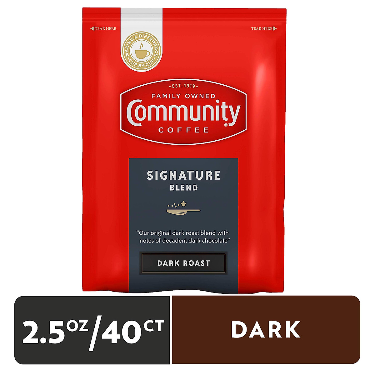 Community Coffee Signature Blend, Dark Roast Pre-Measured Coffee Packs, 2.5 Ounce Bag (Box of 40)