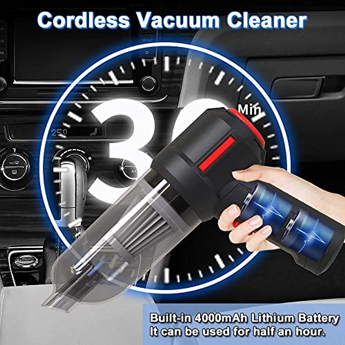 ADPTOYU 3-in-1 Portable Small Cordless handheld Vacuum Cleaner Rechargeable with 9000PA Powerful Suction for Car/Office/Home, Extension Function to inflate/Deflate for Swimming Ring/Vacuum Storage Bag