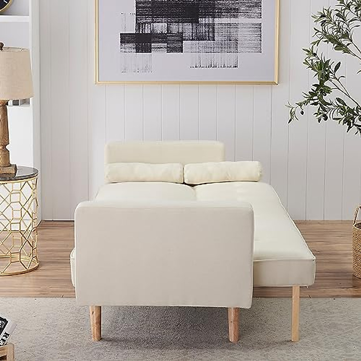 FULife Modern Futon Loveseat Sofa Convertible Sleeper Daybed, Folding Sofá Beds Recliner,Small Tufted Upholstered Love 2-Seat Couch for Living Room Space Furniture Sets, Beige Cotton 71.6" w