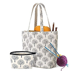 YARWO Knitting Bag with Small Zipper Pouch, Yarn Tote for Knitting Needles, Skeins of Yarn and Knitting Supplies On The Go, Tree (Patented Design)