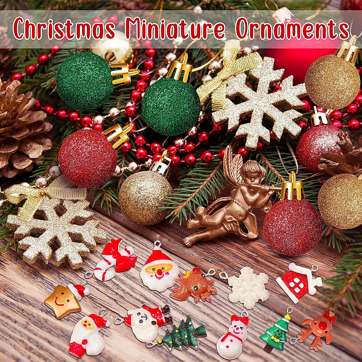 36 Pieces Christmas Mini Glitter Glass Resin Ornaments Set Small Resin Xmas Hanging Ornaments Miniature Balls Tree Ornaments for Christmas Tree Ornaments Decoration (Gold, Red, Green)