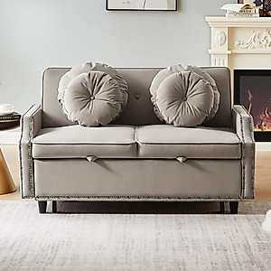 Merax 54.7" Loveseat Sofa Couch with Pull Out Bed, 3 in 1 Convertible Bella Fabric Sleeper Sofa Bed with Two USB Ports, and 2 Floral Lumbar Pillows for Apartment, Office, Living Room (Coffee)