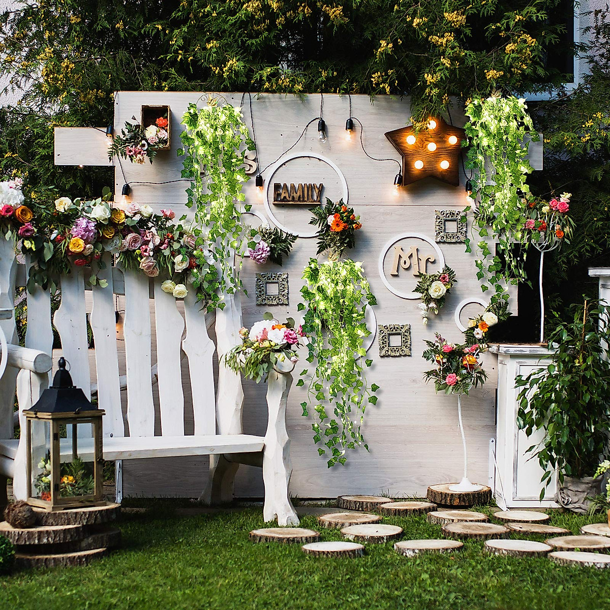 Mudder Fake Ivy Vines with Lights, LED Artificial Hanging Green Leaves Vines for Outdoors Patio Porch Decor (Basket Not Included) (Ivy Style, 3 Packs)