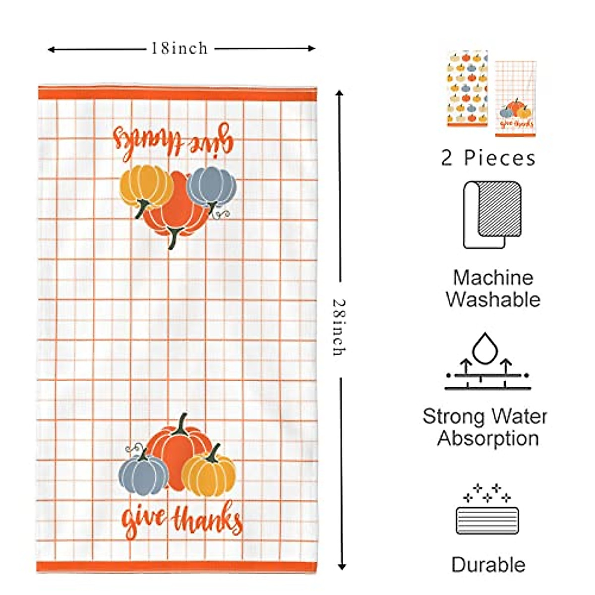 ENOZOUS Fall Kitchen Towels Set of 2, Thanksgiving Harvest Dish Towel Soft Pumpkins Plaid Tea Towel Large Size Hand Towel for Bathroom 18x28 Inch
