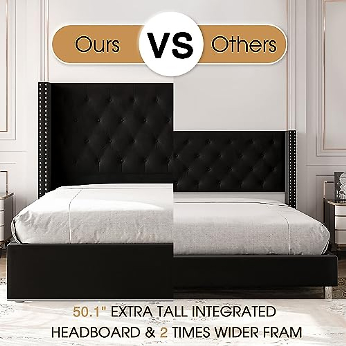 PaPaJet Lift Up Storage Bed Queen Size Upholstered Platform Bed Frame Button Tufted Wingback Headboard Hydraulic Lifting Storage Underneath/Wood Slats Support/Easy Assembly/Black